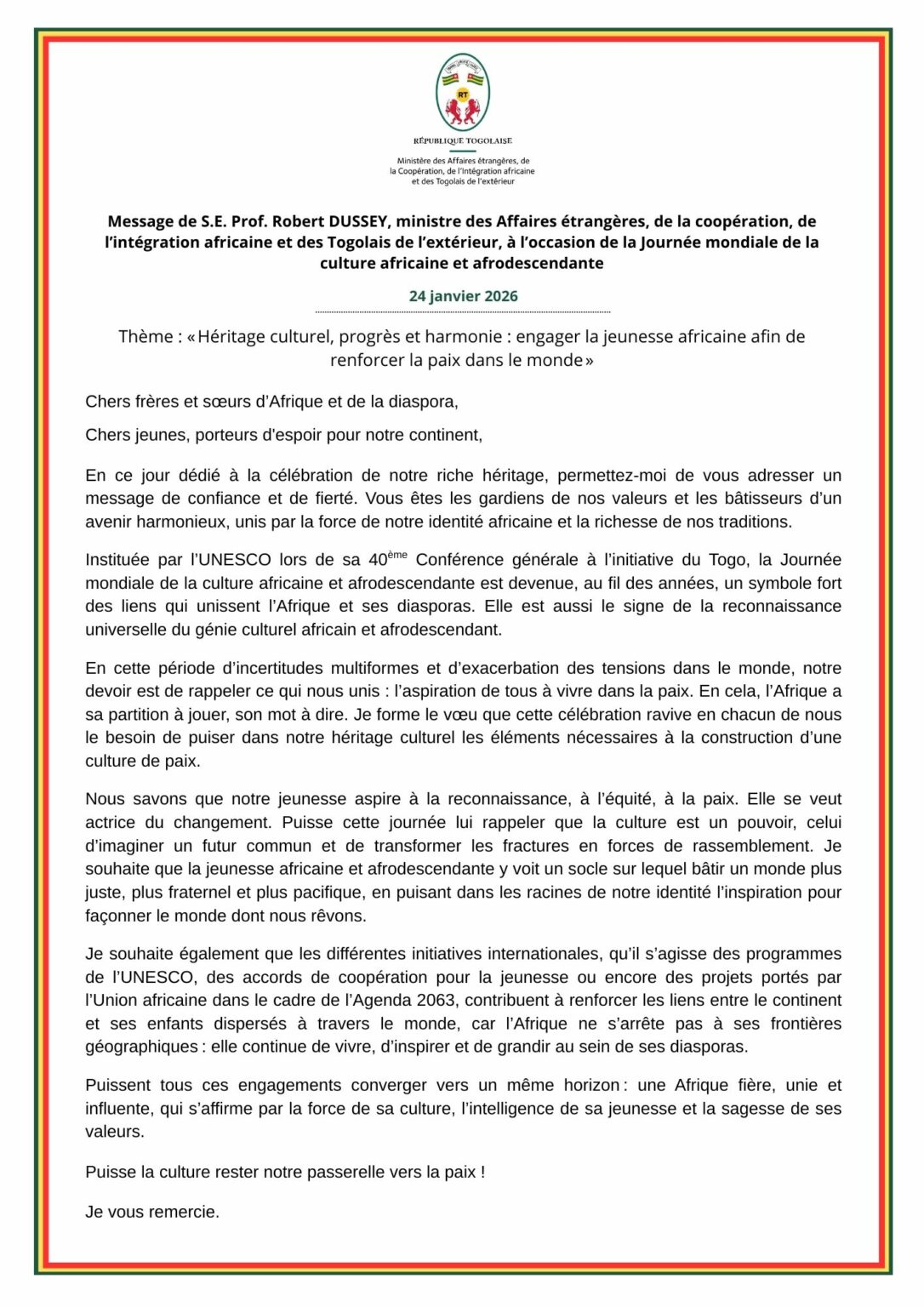 Message de S.E. Prof. Robert DUSSEY, ministre des Affaires étrangères ...