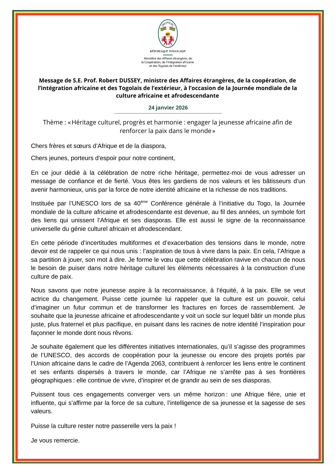 Message de S.E. Prof. Robert DUSSEY, ministre des Affaires étrangères ...